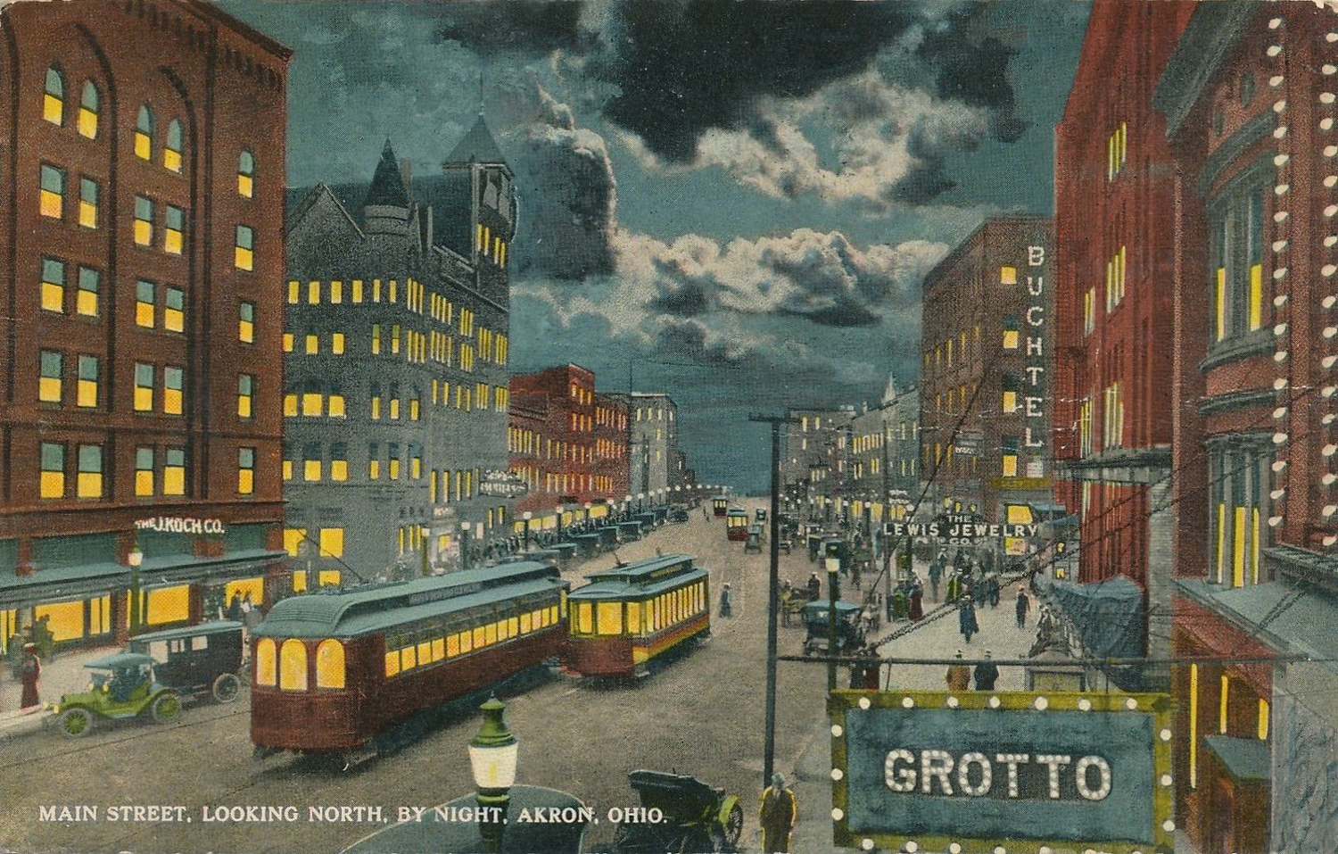 Main Street at Night - Akron Postcards