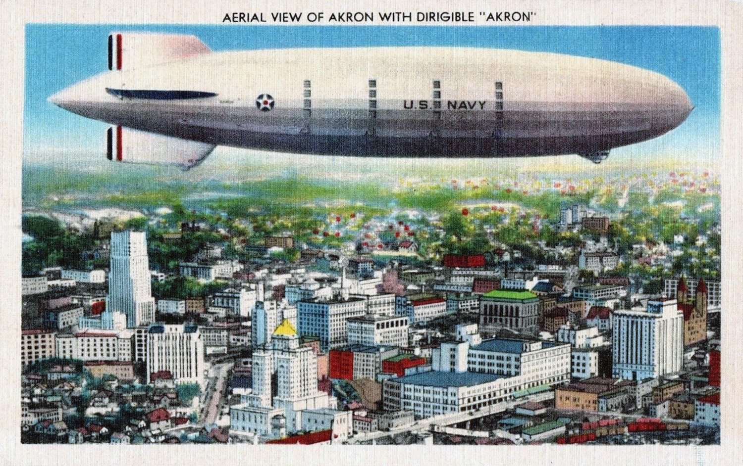 Airship - Aerial View With Dirigible - Akron Postcards